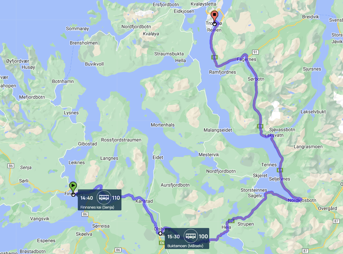 Buss Finnsnes - Tromsø Linje 110/100: Timer og priser | All informasjon