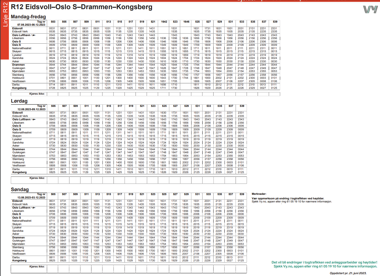 Tog Kongsberg - Drammen - Oslo - Eidsvoll Linje R12: Timer og priser ...
